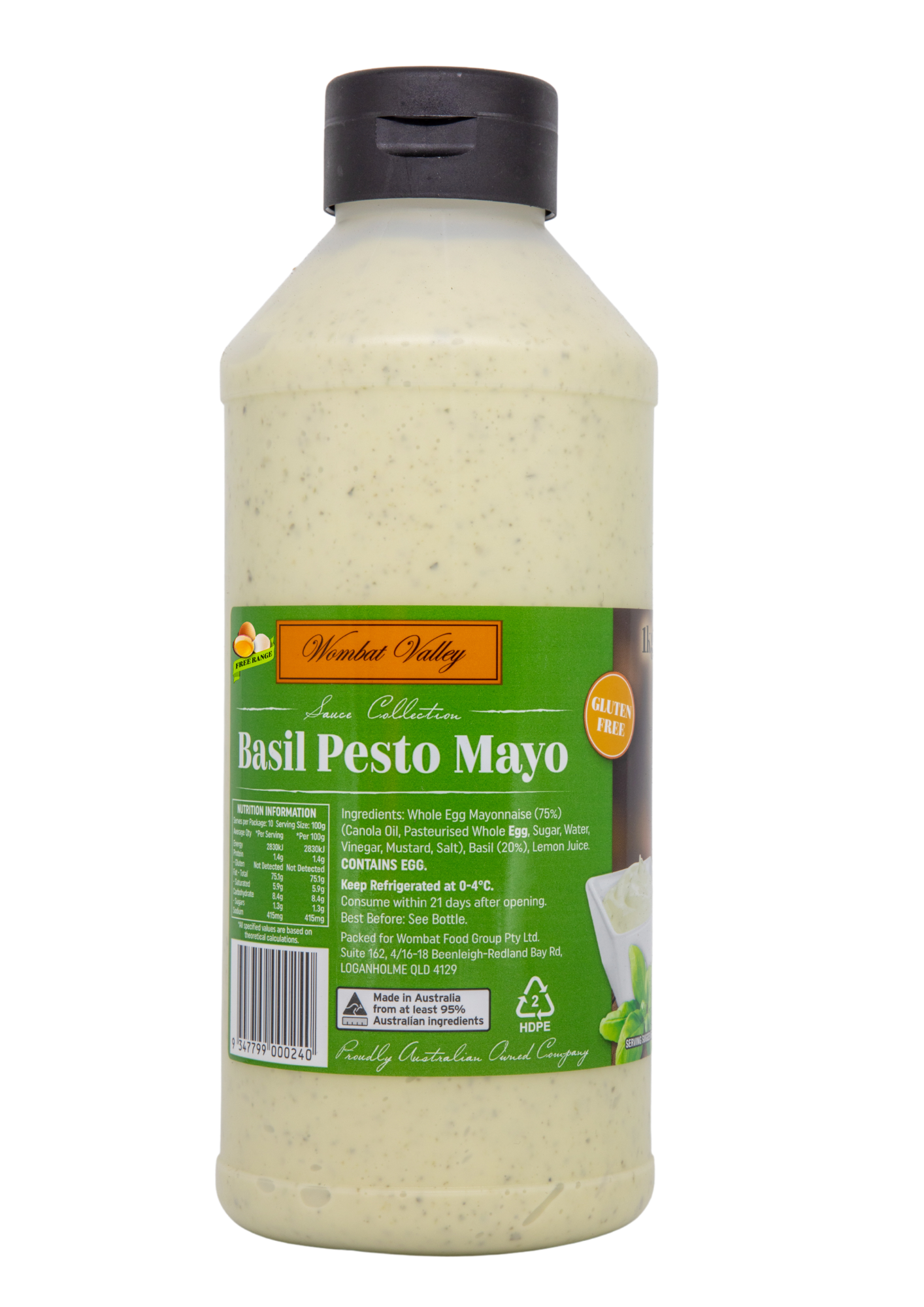 DRESSING BASIL PESTO MAYO GF 6MTHS SHELF LIFE SQZ 1LT(6) #BASM01 WOMBAT ...